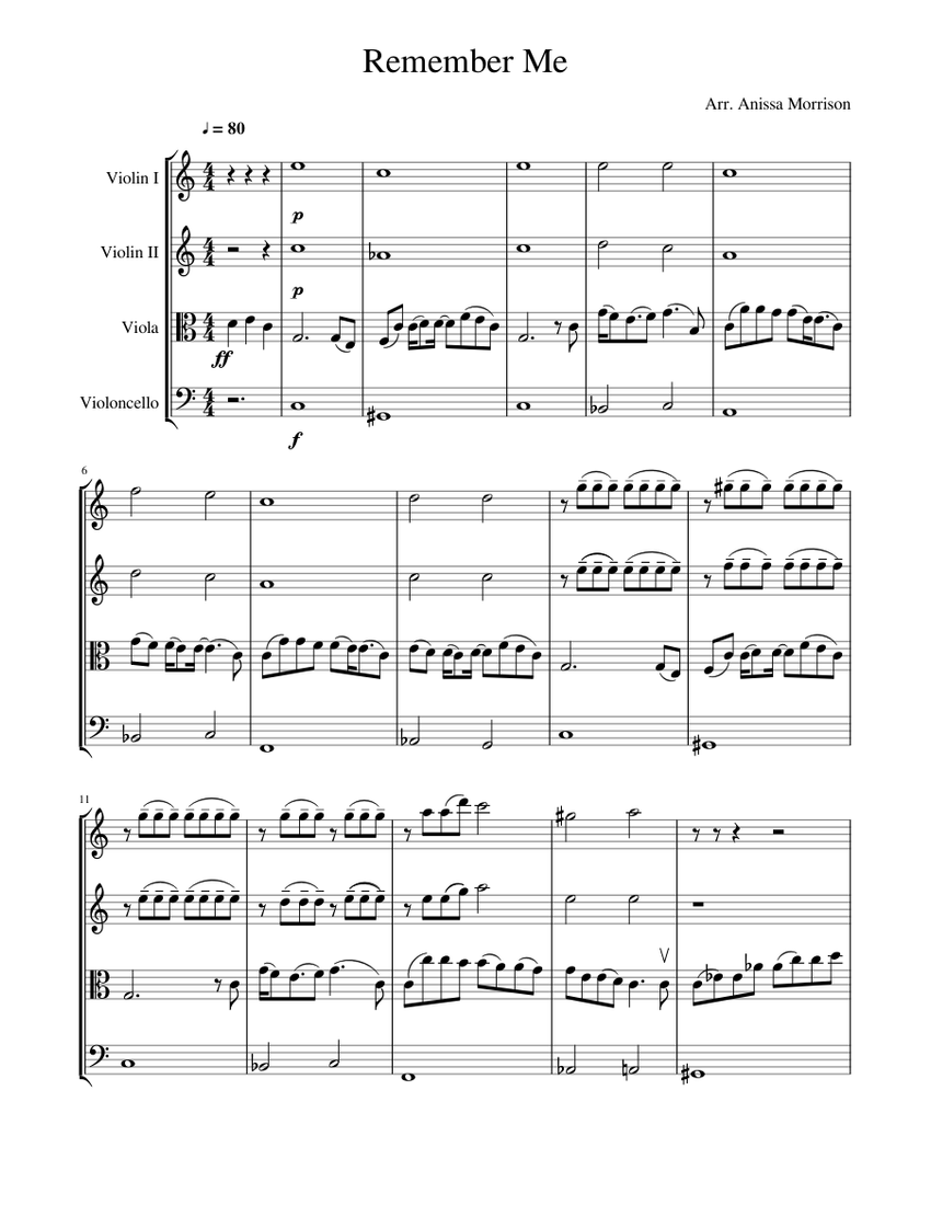 Remember Me Sheet Music for Violin, Viola, Cello (String Quartet ...