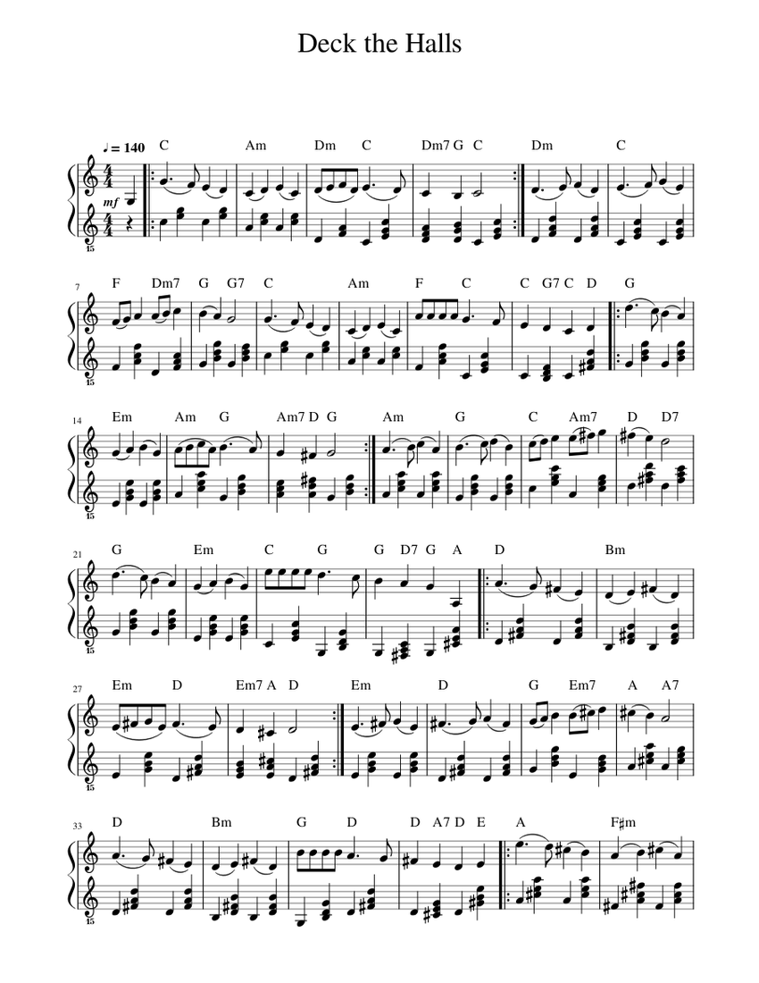 Deck the Halls Sheet Music with Chords for Piano (Solo) easy ...