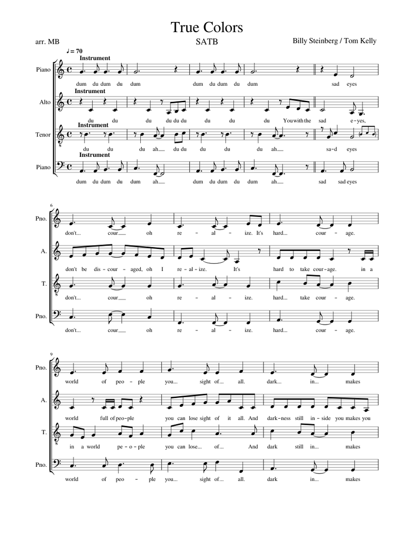 True Colors Sheet Music for Soprano, Alto, Tenor, Bass voice (Choral ...