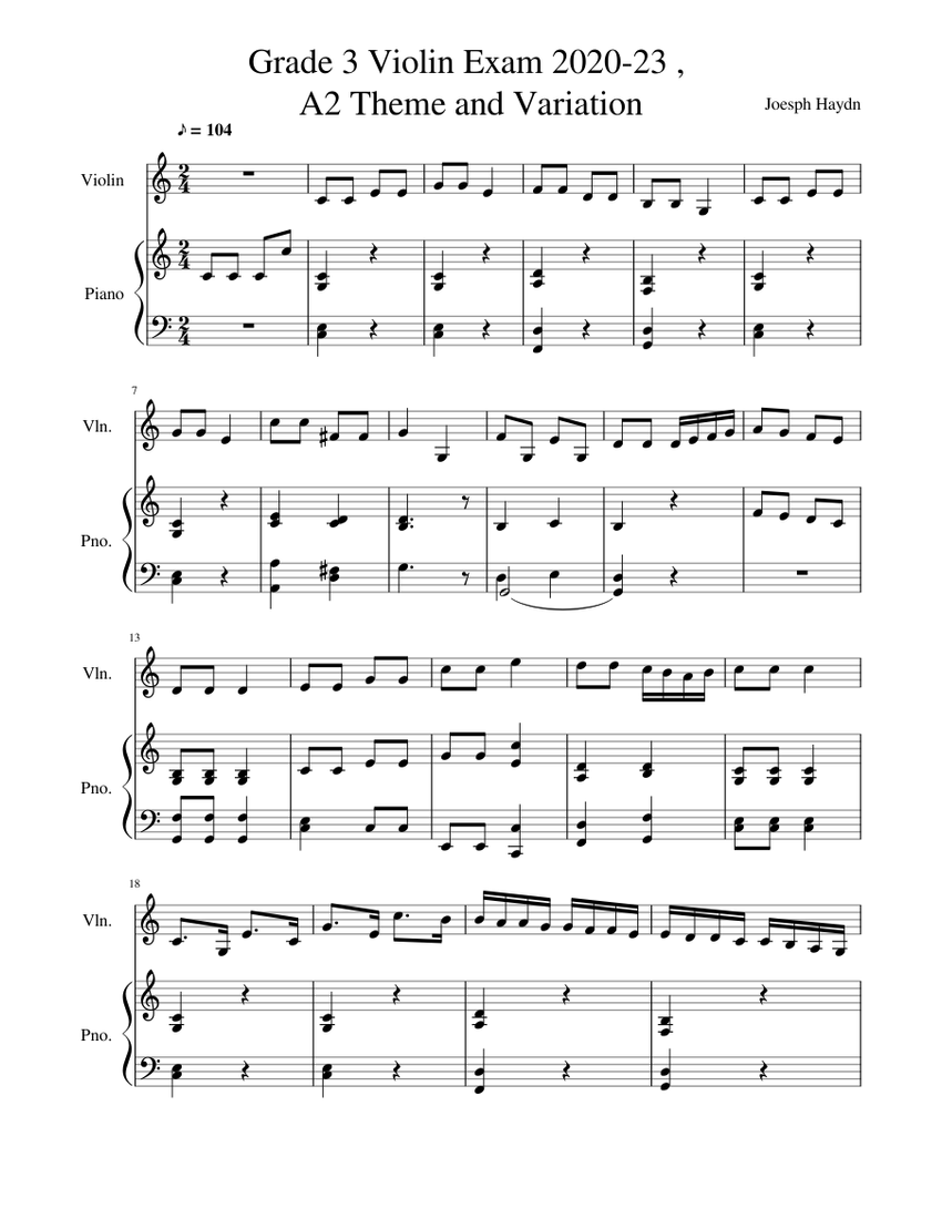 Grade 3 Violin Exam 2020-23 , A2 Theme and Variation Sheet music for ...