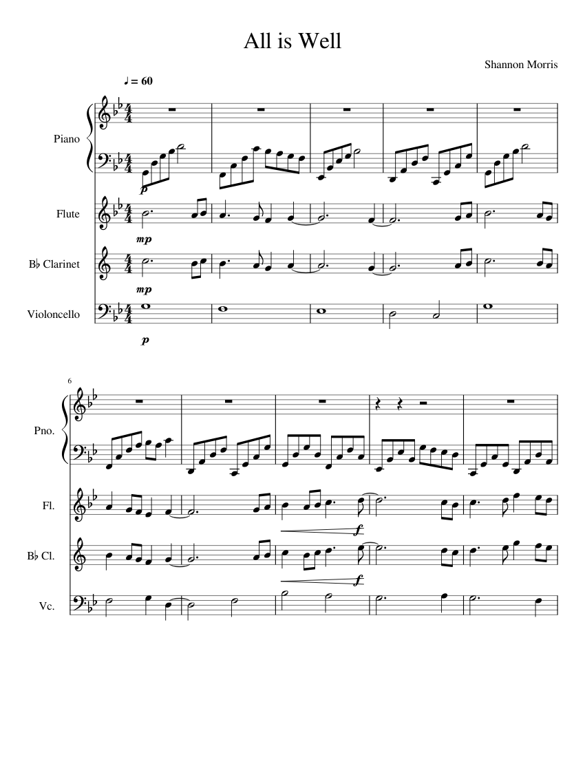 All is Well Sheet music for Piano, Flute, Clarinet in b-flat, Cello ...