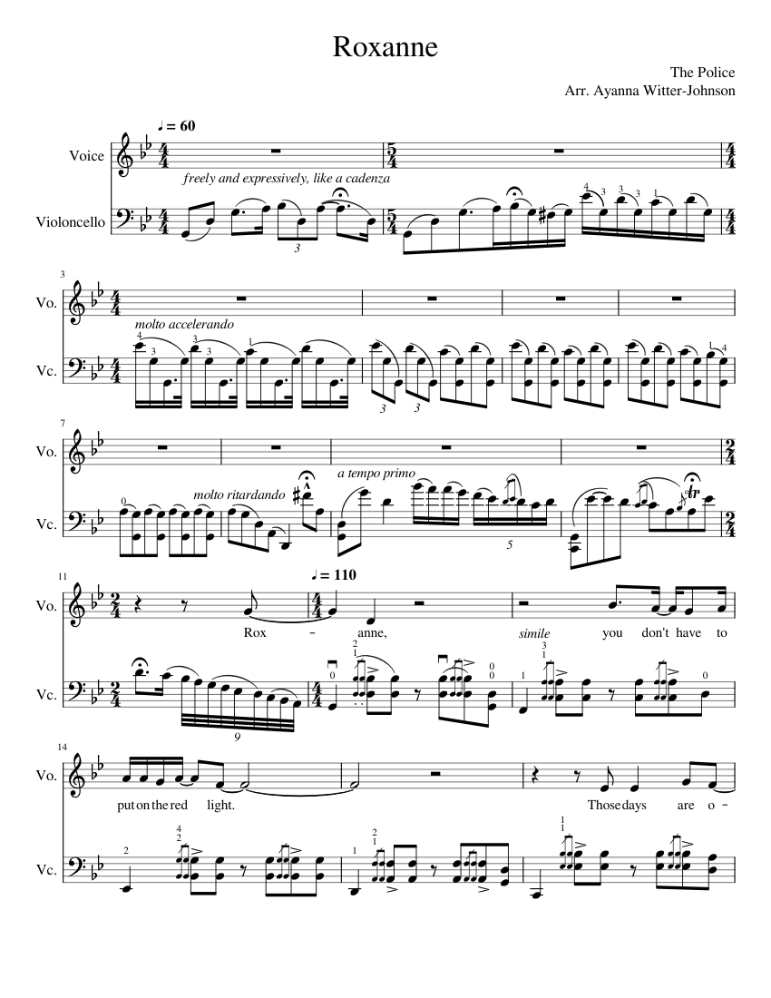 Roxanne Sheet music for Vocals, Cello (Mixed Duet) | Musescore.com