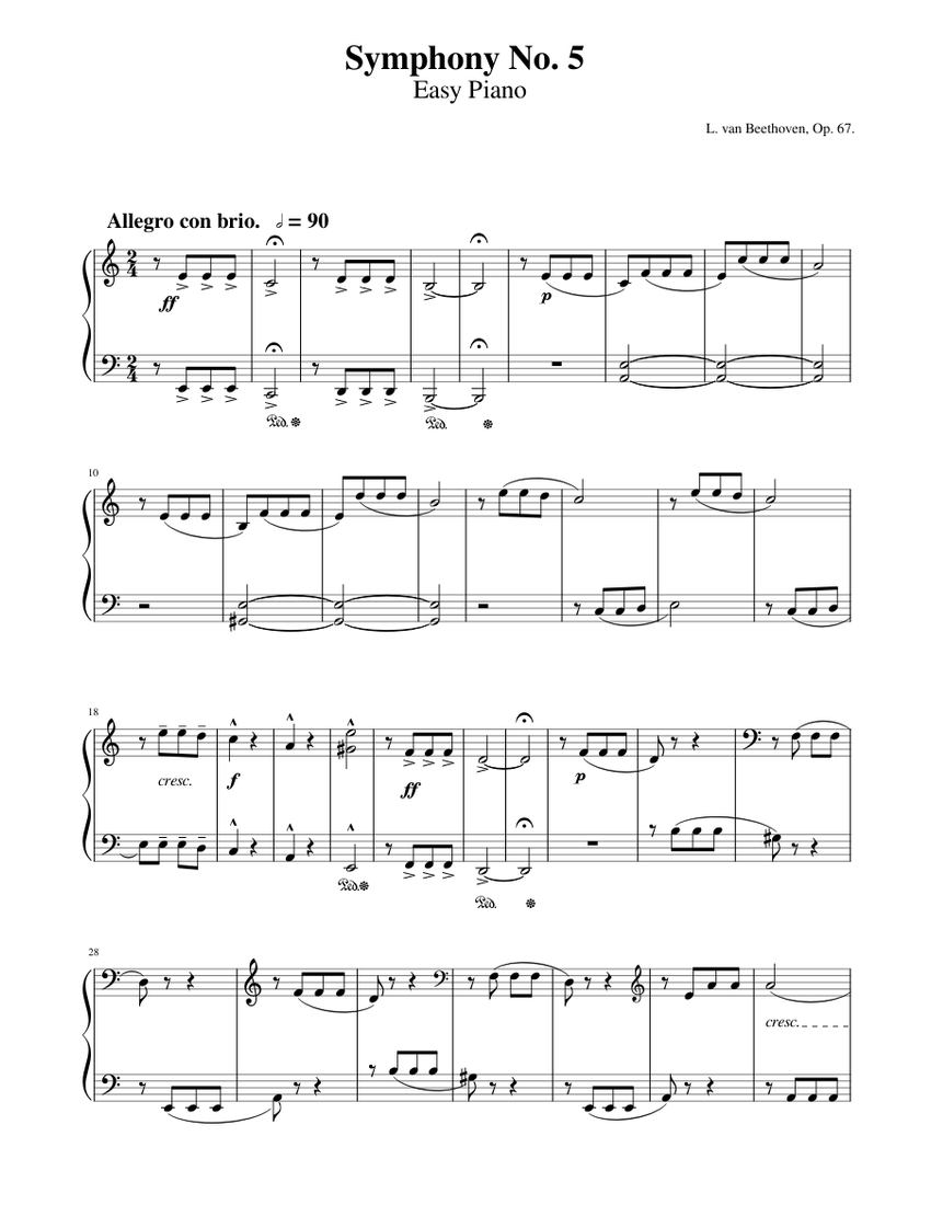 Symphony No. 5 Beethoven Easy Piano Sheet Music for Piano (Solo ...