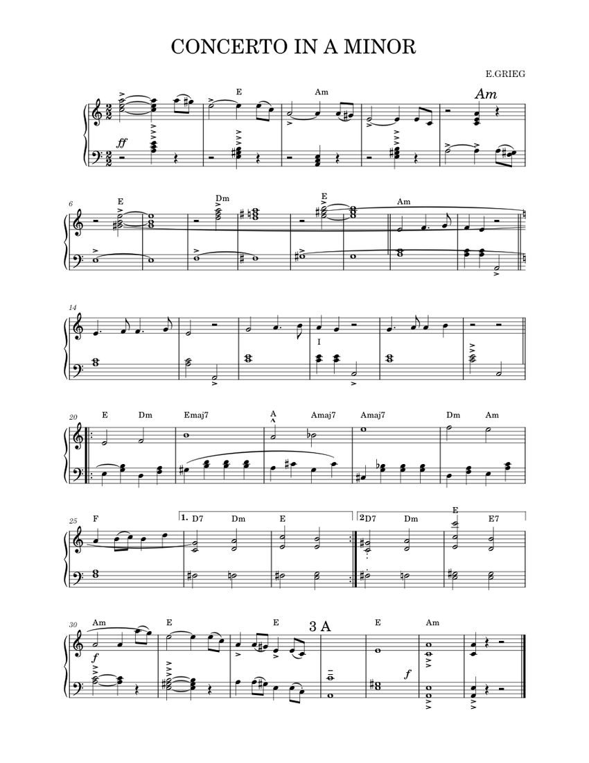 CONCERTO IN A MINOR Sheet music for Piano (Solo) Easy | Musescore.com