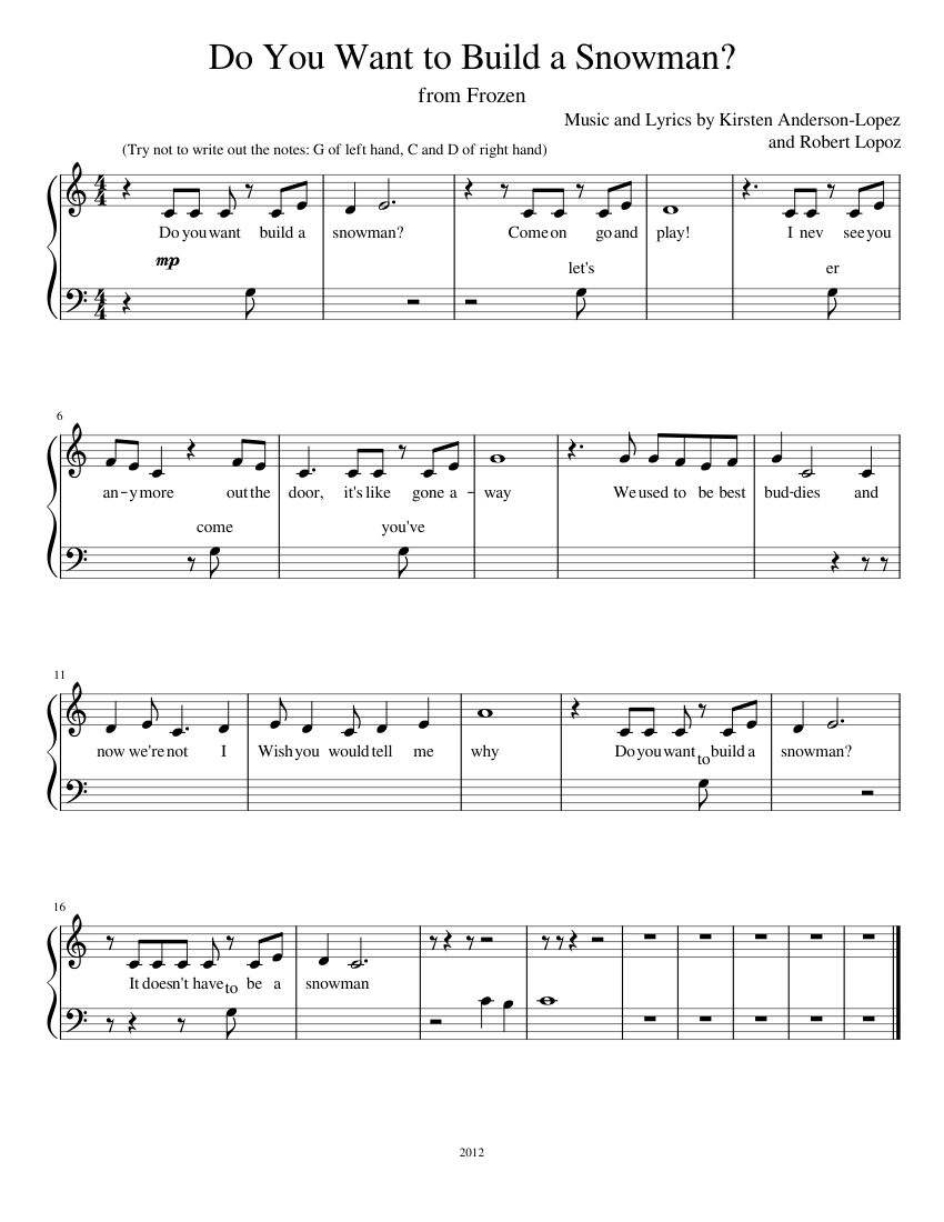 Do You Want to Build a Snowman Melody Sheet music for Piano (Solo) Easy ...