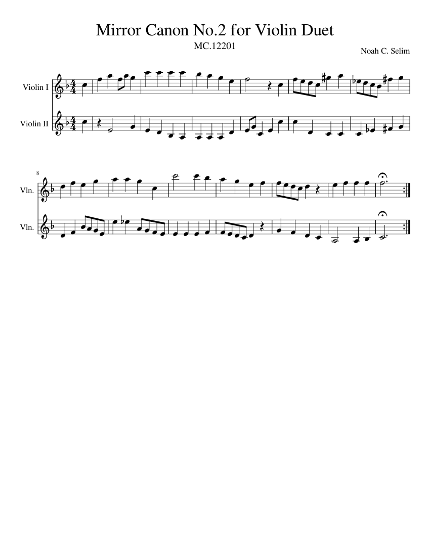 Mirror Canon No.2 for Violin Duet Sheet music for Violin (String Duet ...