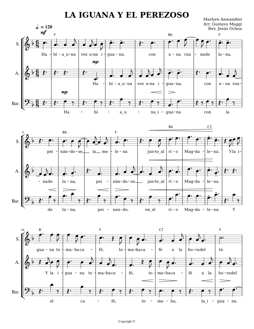 La Iguana y el Perezoso Sheet Music for Soprano, Alto, Baritone (Choral ...