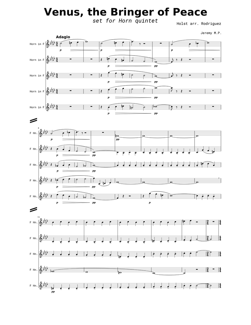 Venus the Bringer of Peace for Horn Quintet Sheet Music for French horn ...