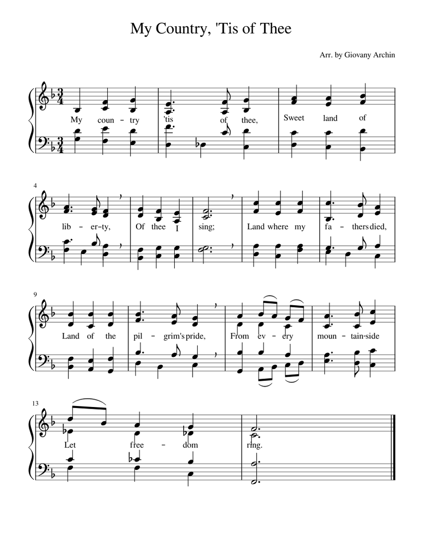 My Country, 'Tis of Thee Sheet music for Piano (Solo) | Musescore.com