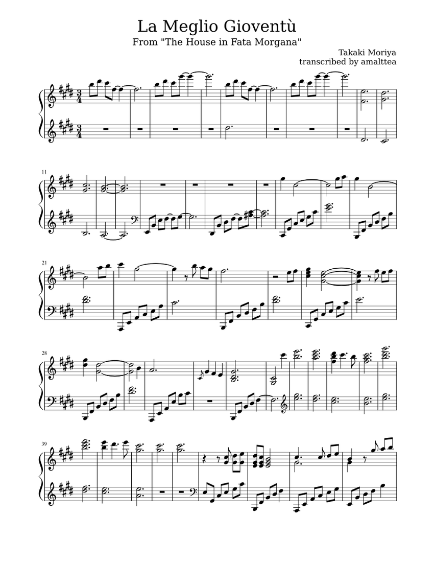 La Meglio Gioventù Sheet Music for Piano (Solo) Easy | MuseScore.com