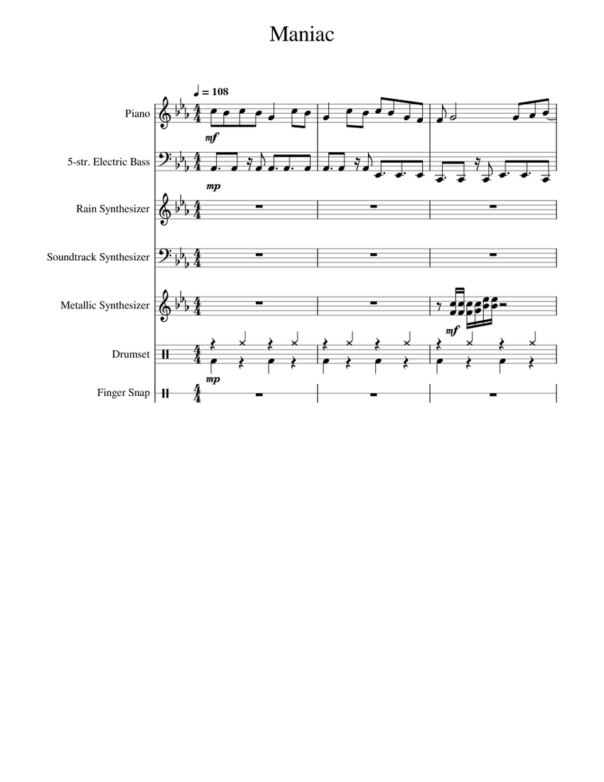 Maniac Sheet Music for Piano, Bass guitar, Drum group, Synthesizer ...