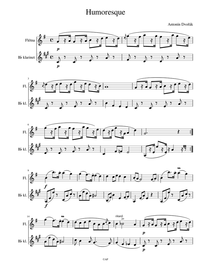 Humoresque arr. for flute and clarinet-Antonín Dvořák Sheet Music for ...