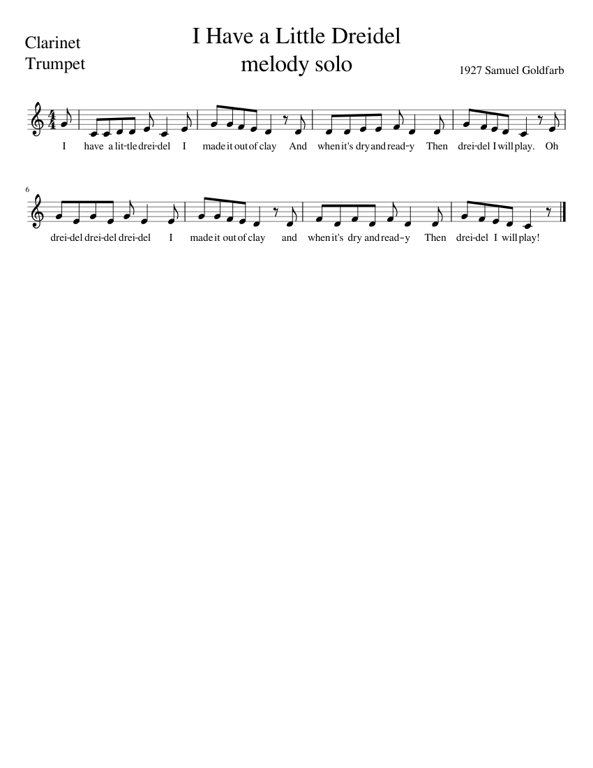 I Have a Little Dreidel melody solo clarinet trumpet Sheet Music for ...