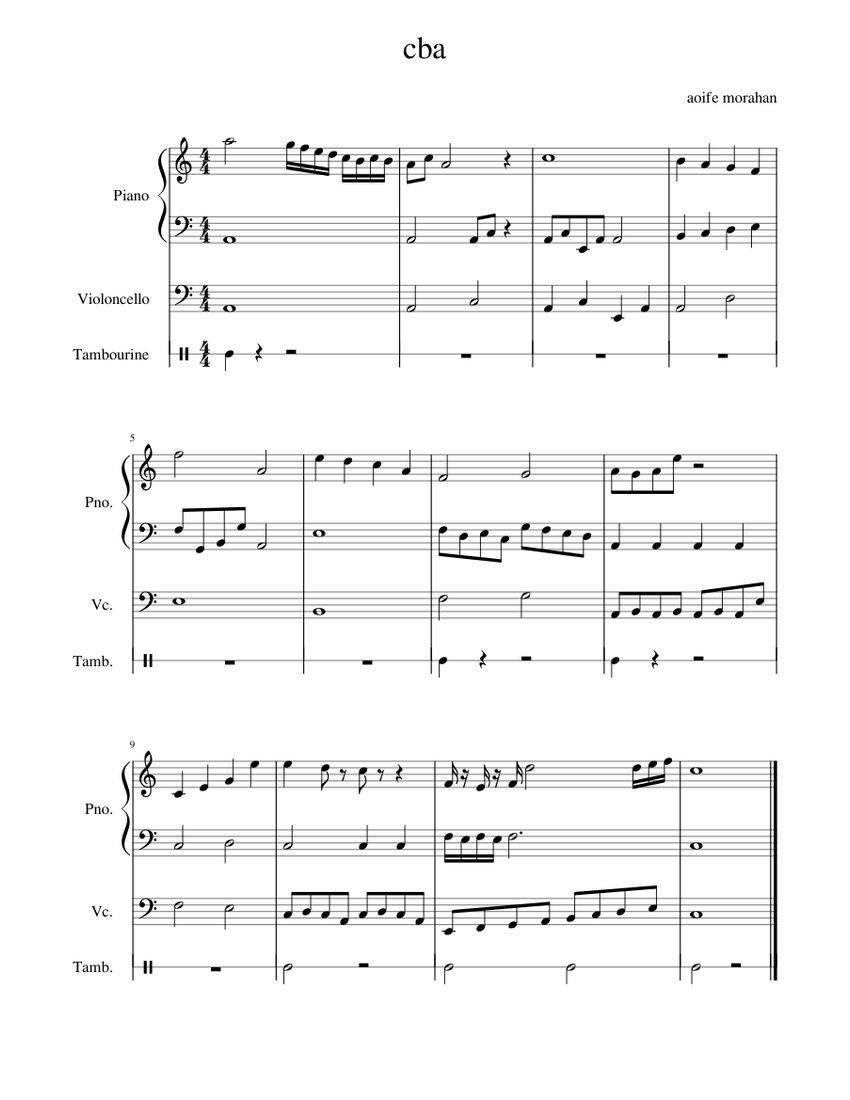 music cba piece 1 Sheet Music for Piano, Tambourine, Cello (Piano Duo ...