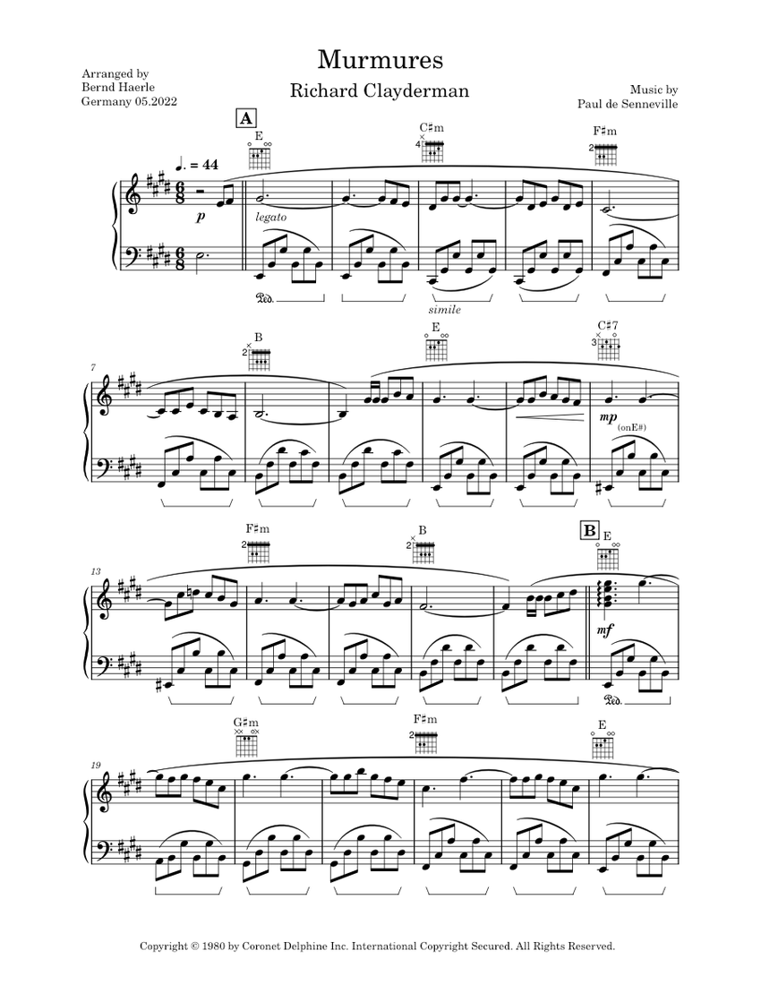 Murmures – Richard Clayderman Sheet music for Piano (Solo) Easy | Musescore.com