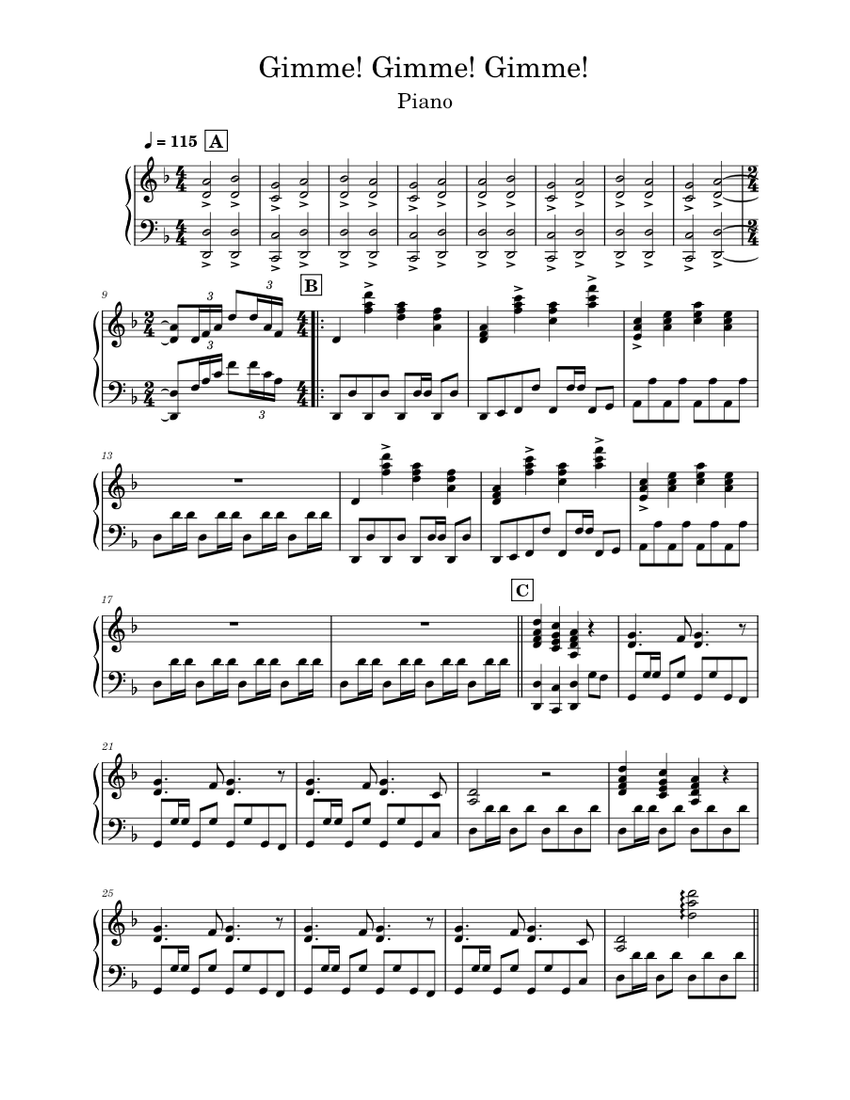 Gimme! Gimme! Gimme! (Piano) Sheet music for Piano (Solo) | Musescore.com