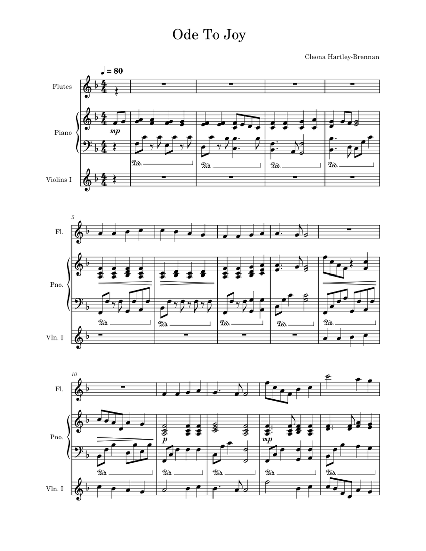 Ode To Joy Score Sheet music for Piano, Flute, Strings group (Mixed ...
