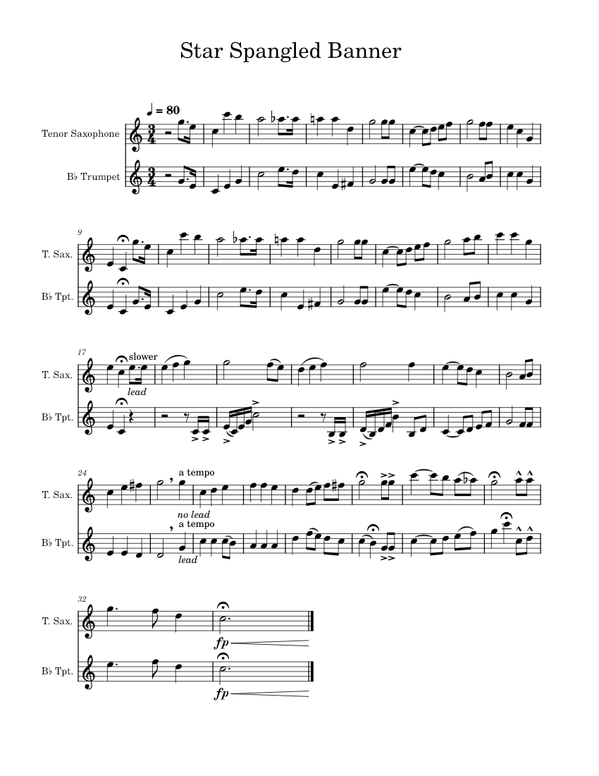 The Star Spangled Banner – Duet for Tenor Sax and Trumpet Sheet Music ...