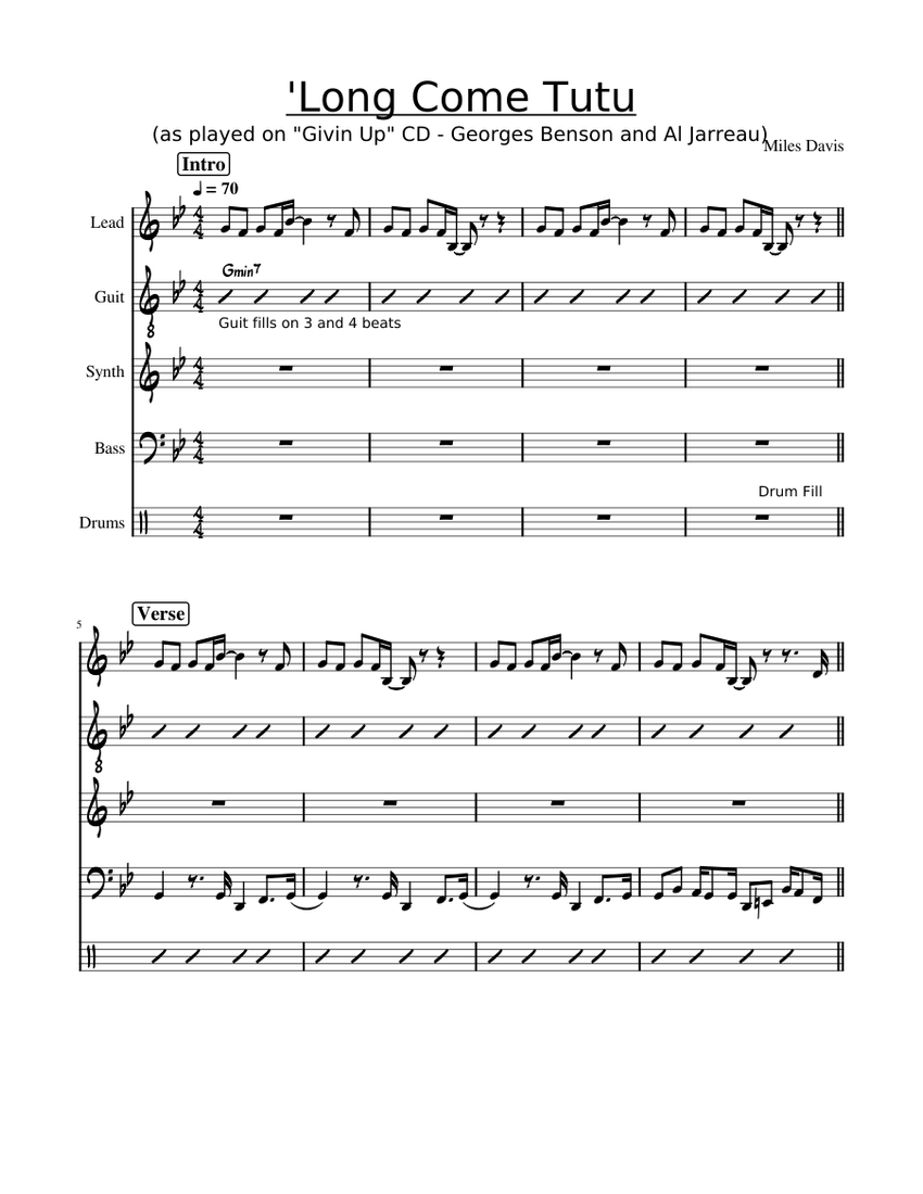 'Long_Come_Tutu Sheet music for Vocals, Guitar, Bass guitar, Drum group ...