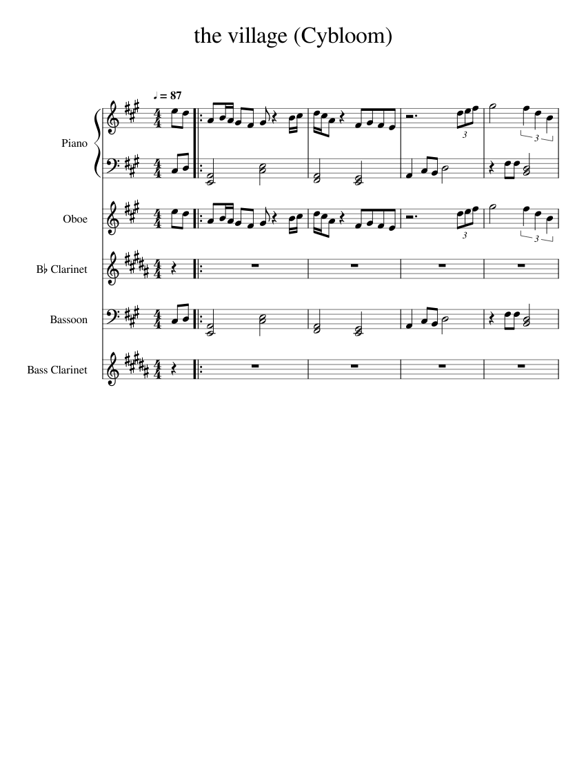 The Village Sheet Music for Piano, Oboe, Clarinet in b-flat, Clarinet ...