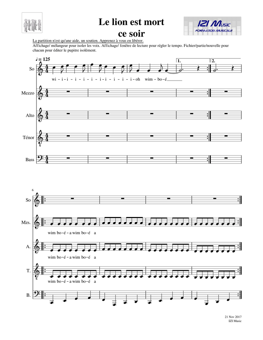 Le lion est mort ce soir Sheet Music for Soprano, Alto, Tenor, Mezzo ...
