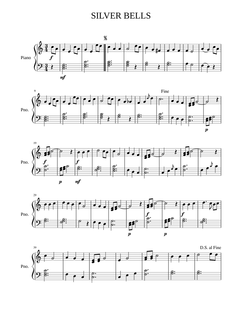 Silver Bells Sheet Music for Piano (2 Octave Handbell Ensemble) Easy ...