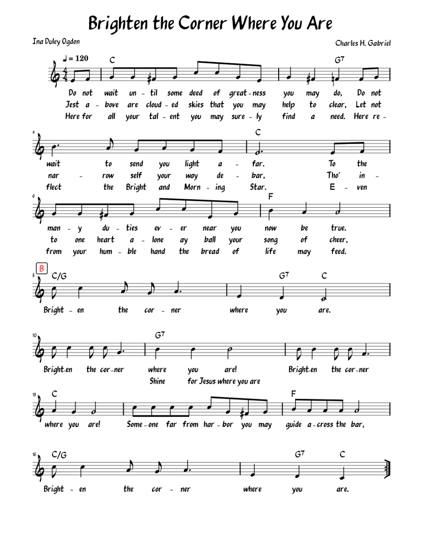 Brighten the Corner Where You Are (Lead sheet with lyrics ) Sheet Music ...