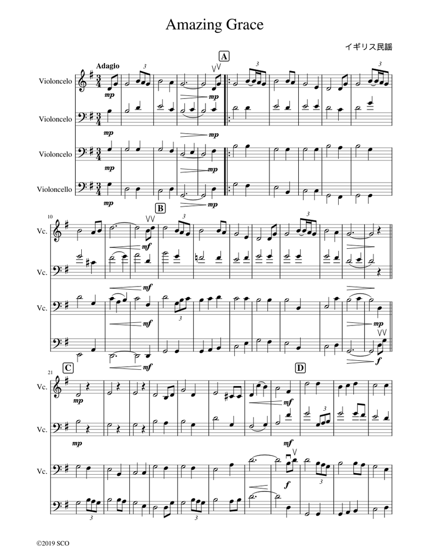 Amazing Grace - String Quartet Sheet Music for Cello (String Quartet ...