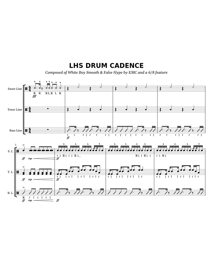 LHS Drumline Cadence Sheet music for Snare drum, Tenor drum, Bass drum ...