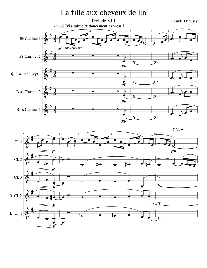 La fille aux cheveux de lin - Claude Debussy - Clarinet Quintet/Quartet ...