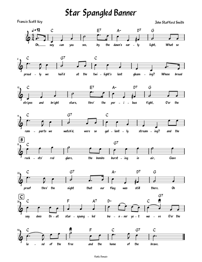 The Star Spangled Banner (Lead sheet with lyrics ) Sheet Music with ...