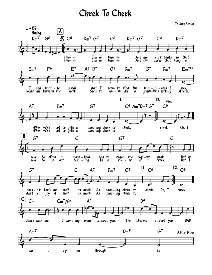 Cheek To Cheek Sheet Music with Chords for Piano (Solo) Easy ...