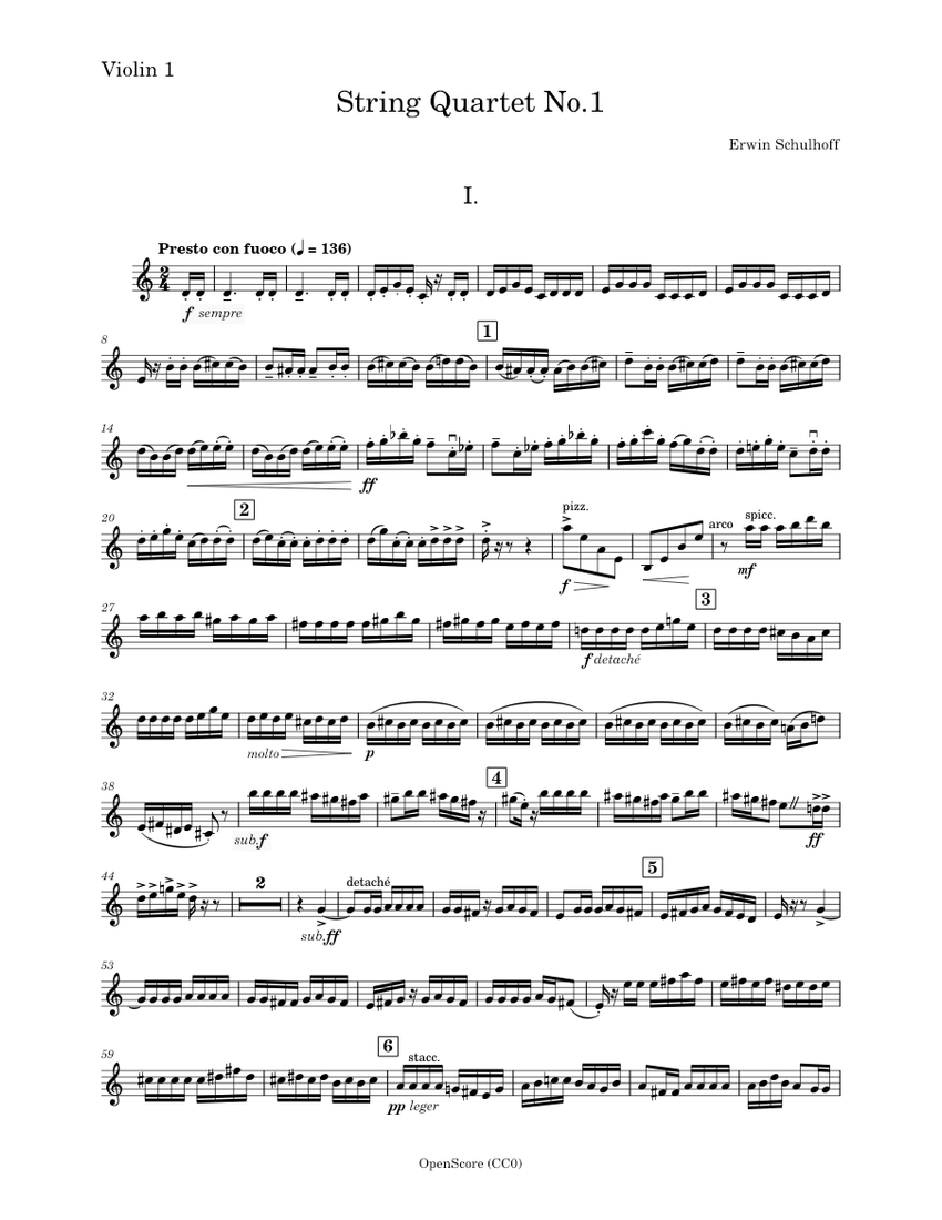 String Quartet No.1 – Erwin Schulhoff - Violin 1 PART Sheet music for Violin (String Quartet ...