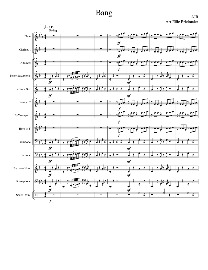 Bang by AJR Sheet Music for Trombone, Flute, Clarinet in b-flat ...