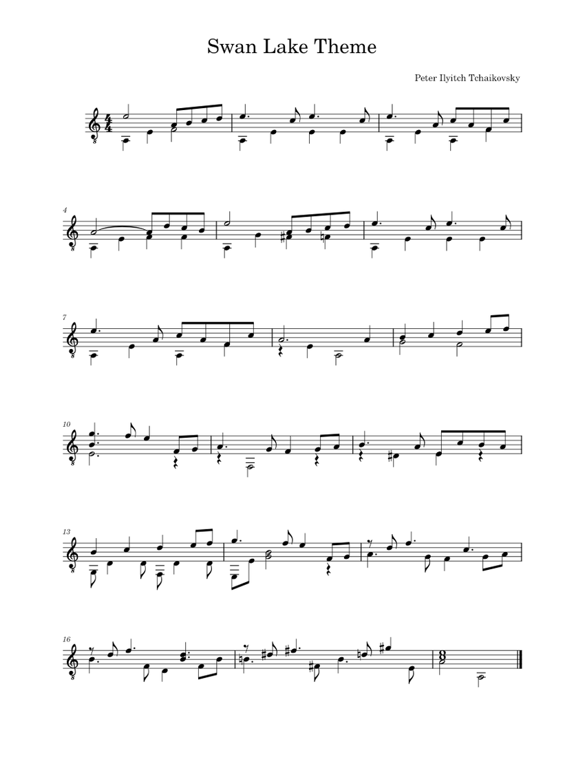 Theme from Swan Lake – Pyotr Ilyich Tchaikovsky Sheet Music for Guitar ...