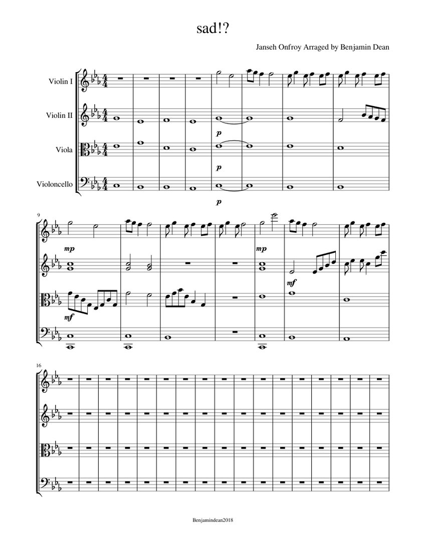 sad!? Sheet Music for Violin, Viola, Cello (String Quartet) | MuseScore.com