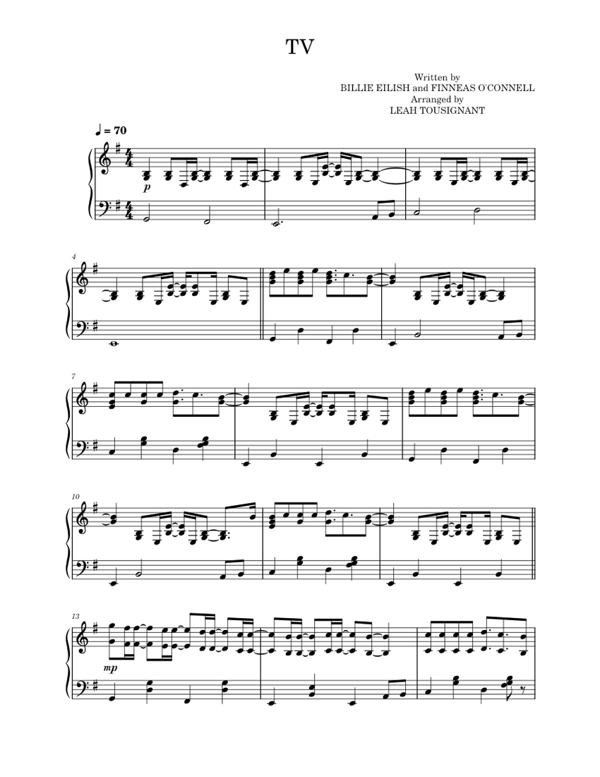 TV – Billie Eilish (Sample) Sheet Music for Piano (Solo) easy ...