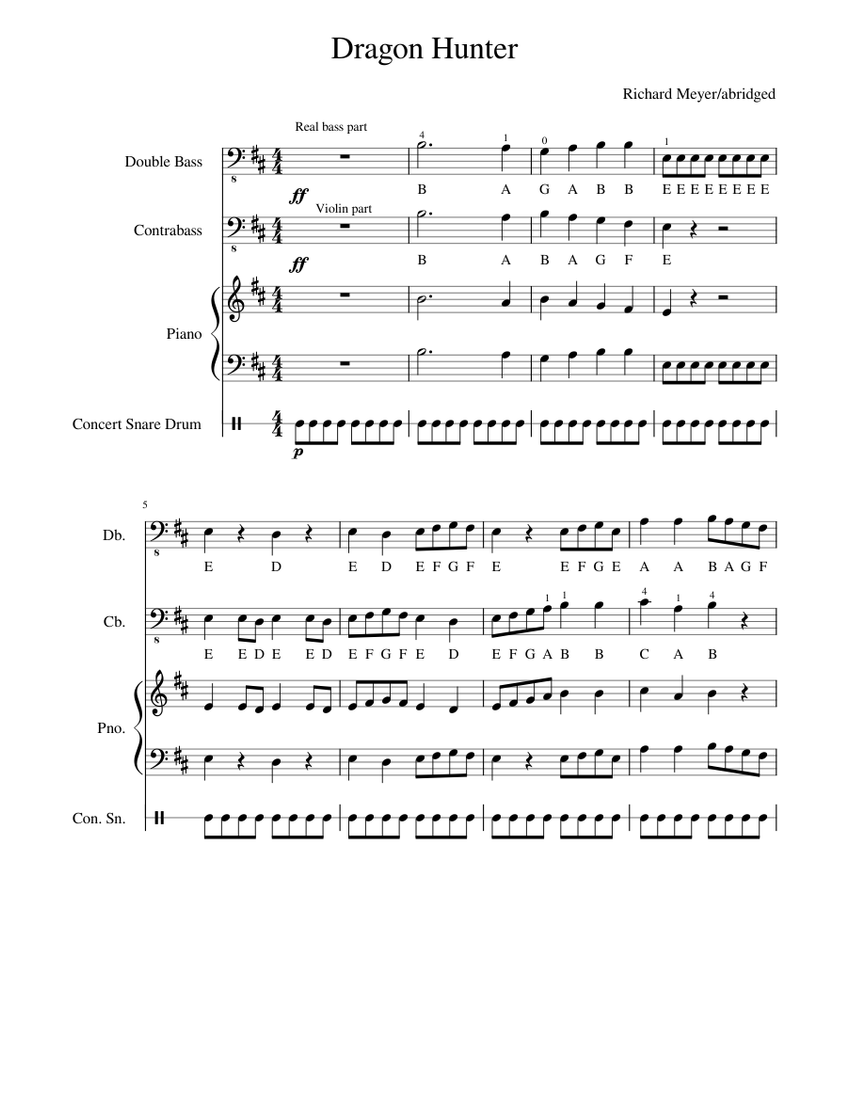 Dragon Hunter ADAPTED Bass Sheet Music for Piano, Contrabass, Snare ...