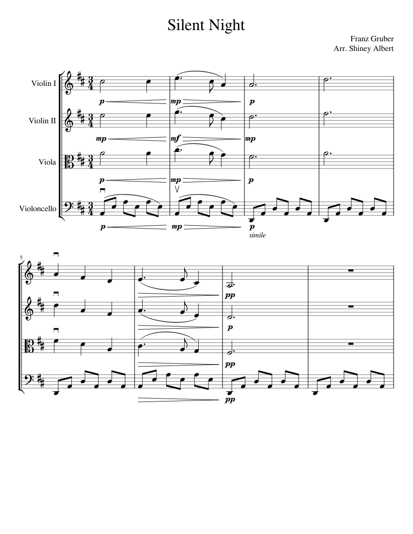Silent Night (String Quartet) Sheet Music for Violin, Viola, Cello ...