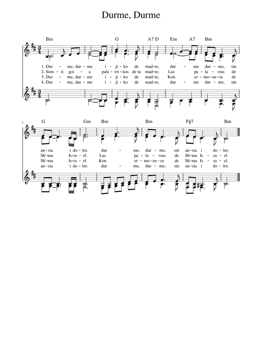 Durme, Durme Sheet Music with Chords for Piano (Piano Duo) | MuseScore.com