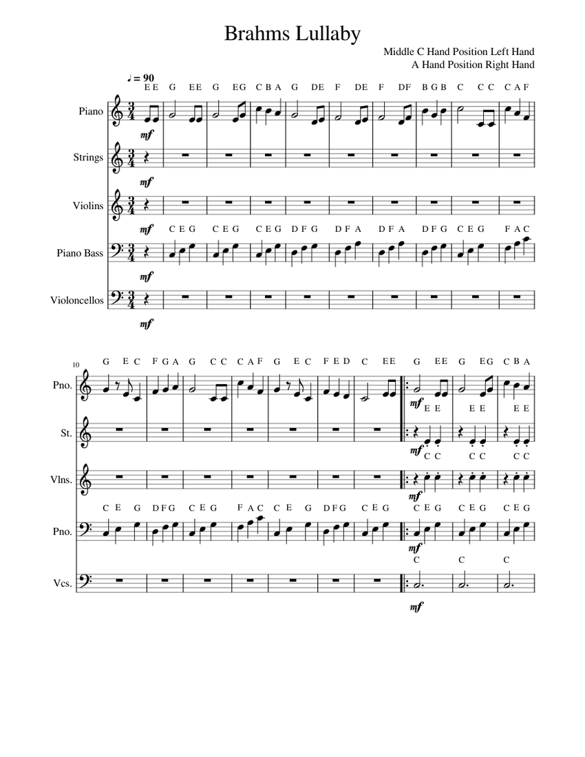 Brahms Lullaby Sheet music for Piano, Strings group (Mixed Quintet ...