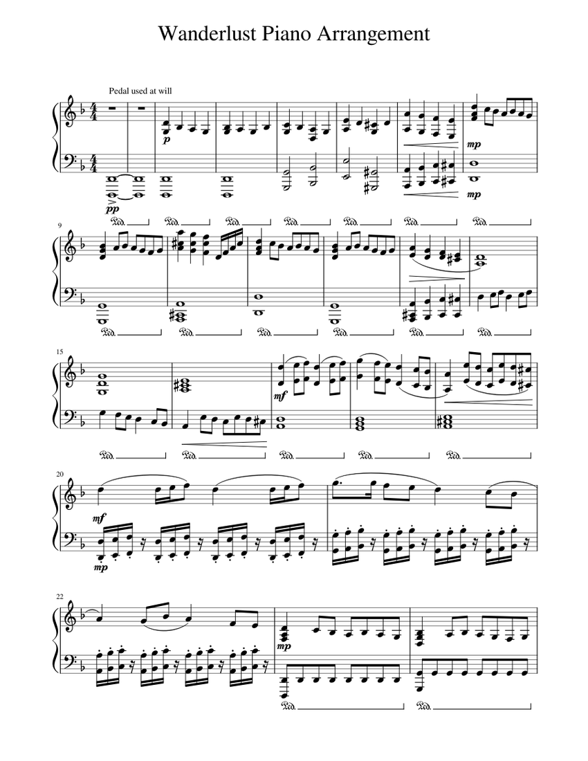 Wanderlust Piano Arrangement Sheet Music For Piano Solo