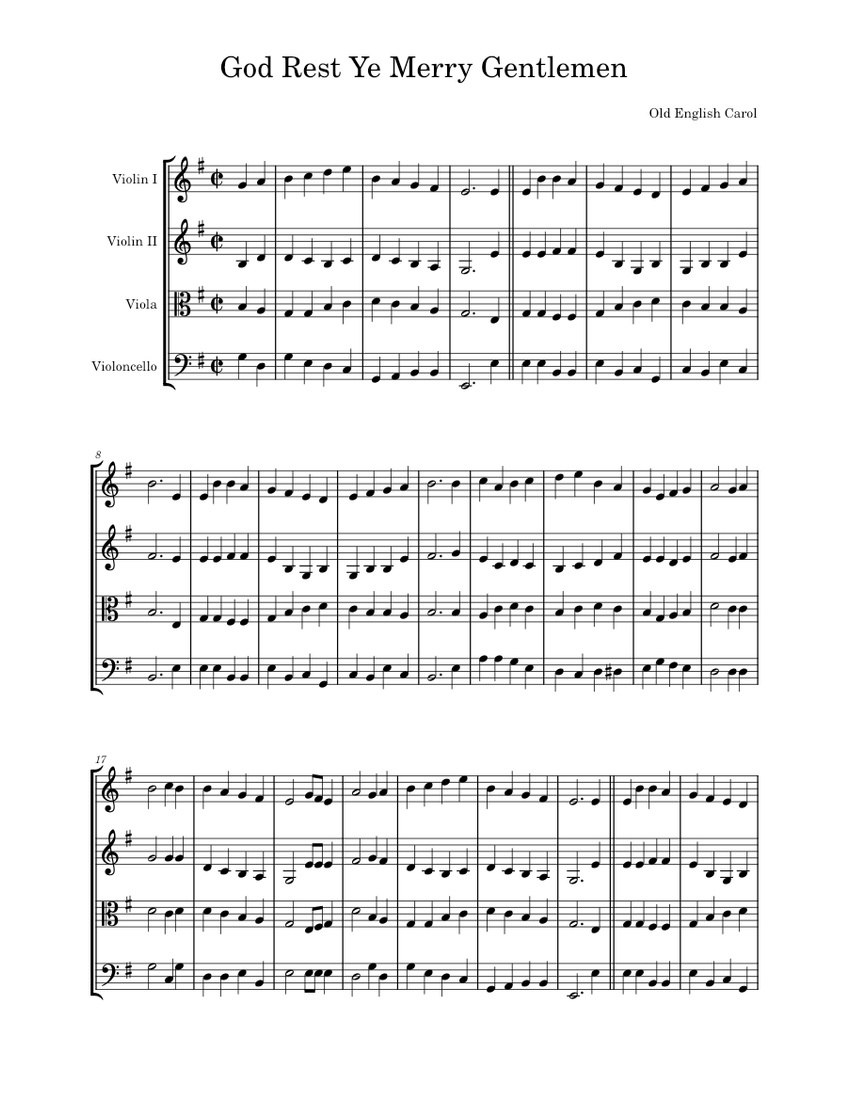 God Rest Ye Merry Gentlemen SQ Sheet Music for Violin, Viola, Cello ...