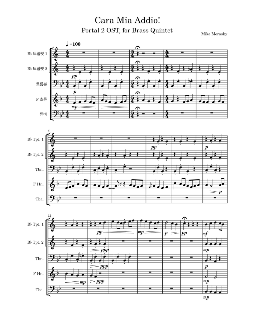 O Cara Mia Addio – Mike Morasky (for brass quintet) Sheet music for Trombone, Tuba, Trumpet in b ...