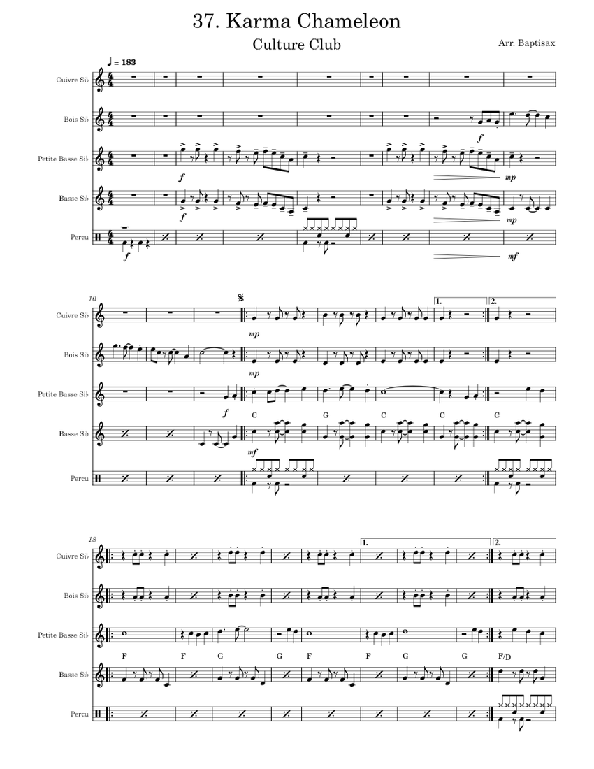 Karma chameleon – Culture Club Sheet music for Tuba, Clarinet in b-flat ...