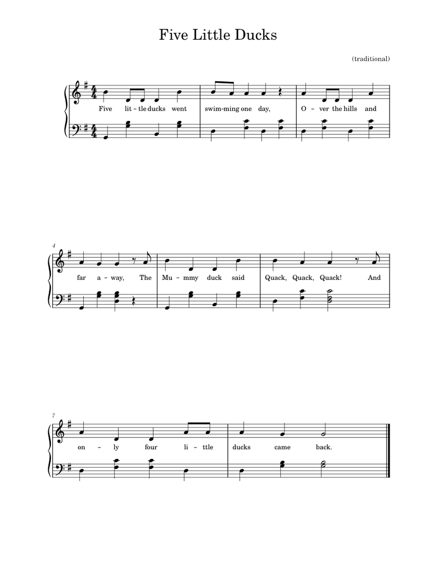 Five Little Ducks – Misc Traditional Five Little Ducks Sheet Music for ...