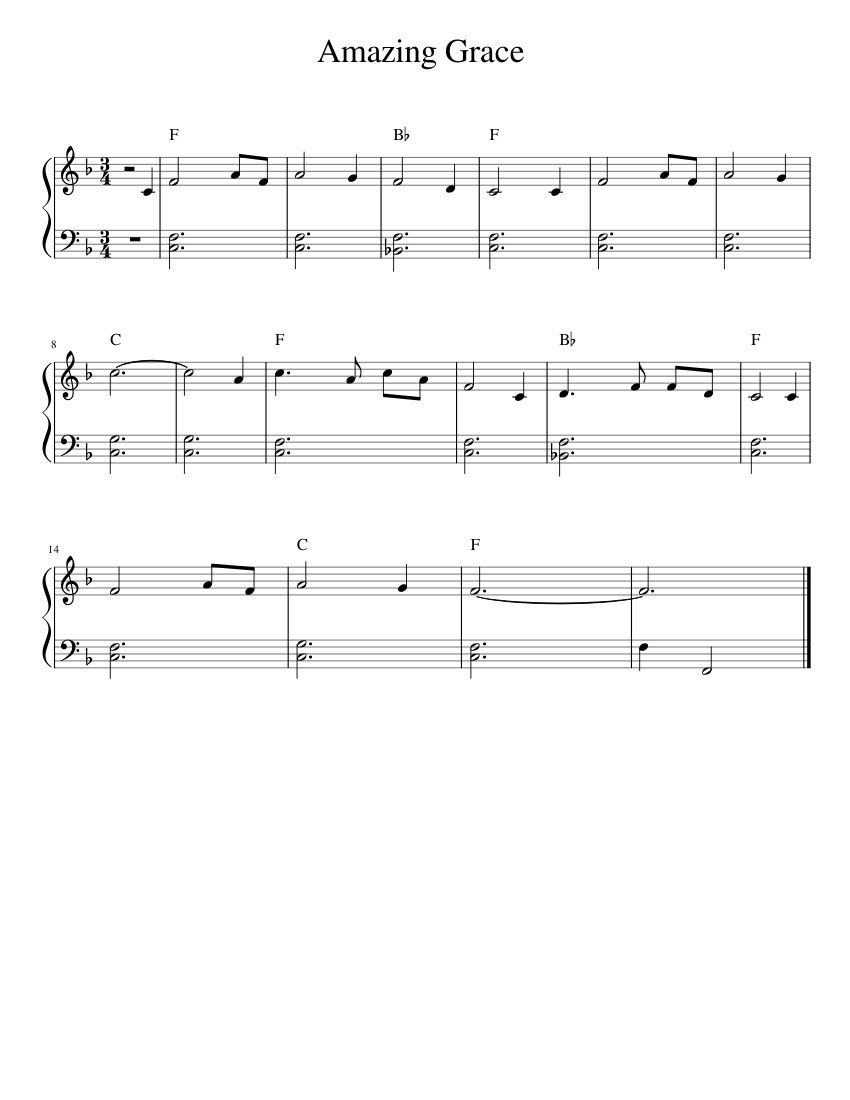 Amazing Grace (Beginner) Sheet Music with Chords for Piano (Solo) easy ...