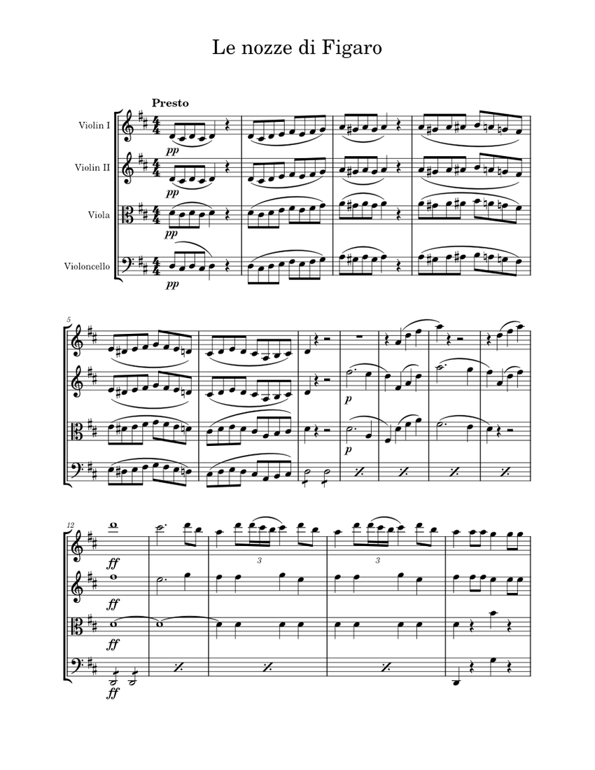 Le nozze di Figaro Sheet Music for Violin, Viola, Cello (String Quartet ...