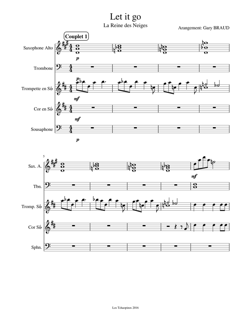 Let it go Sheet Music for Trombone, Saxophone alto, Trumpet in b-flat ...