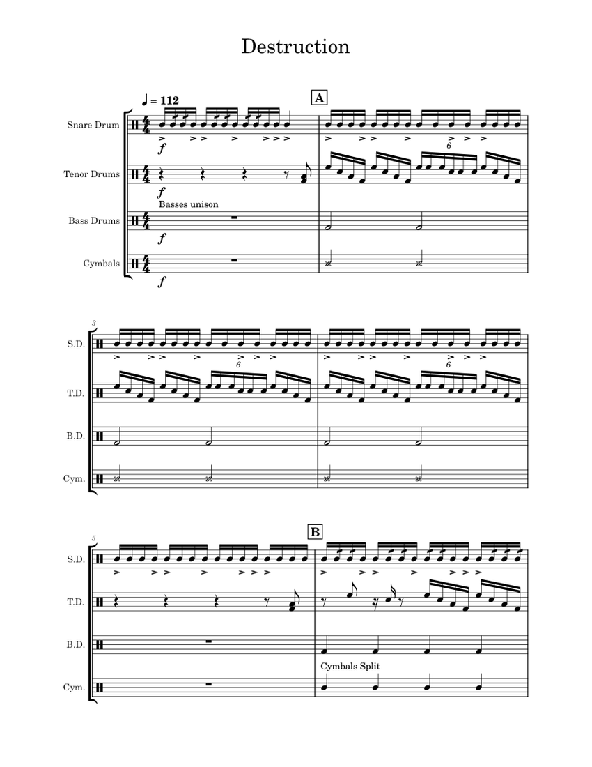 Destruction Sheet Music for Snare drum, Crash, Tenor drum, Bass drum ...